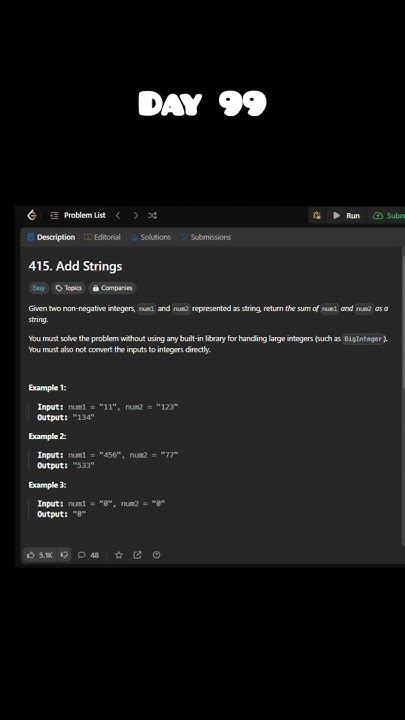 Leetcode 415 Add Strings Javaprogramming 100daysofcodingchallenge Youtube
