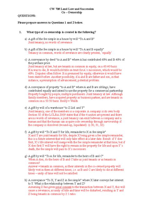 Co Ownership Tutorial 161 CW 708 Land Law And Succession Co Ownership QUESTIONS Please