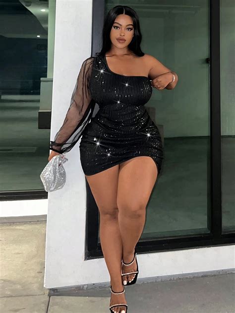 Shein Slayr Elegant Party Shiny Mesh Patchwork Slim Fit One Shoulder