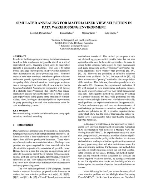 Pdf Simulated Annealing For Materialized View Selection In Data Warehousing Environment