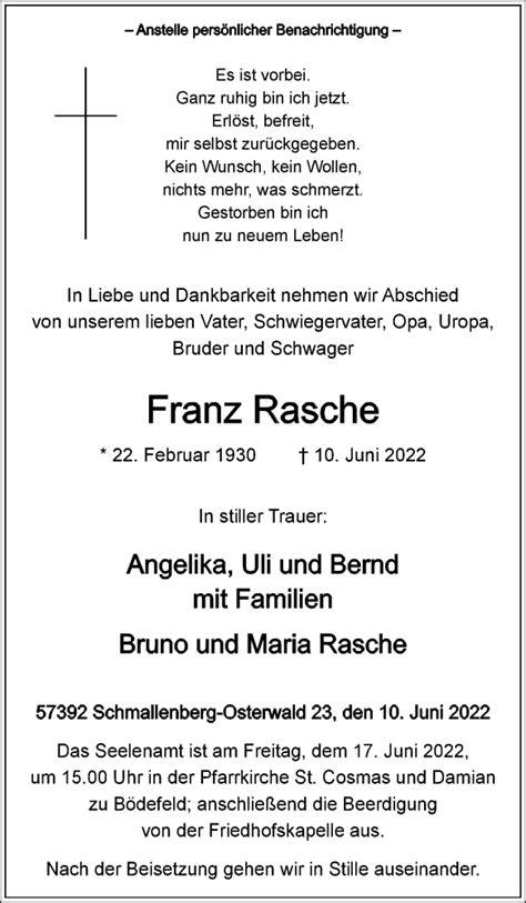 Traueranzeigen Von Franz Rasche Trauer In Nrw De
