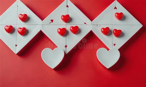 Three White Diamond Shaped Objects With Red Heart Shaped Buttons Are Arranged In Row Against Red