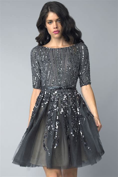 Tulle And Sequin Cocktail Dress With 3 4 Sleeve And Flare Skirt Party