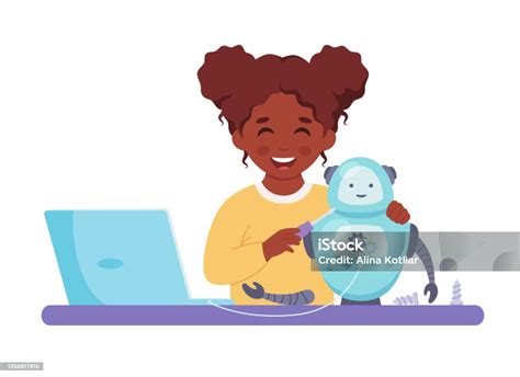 로봇을 만드는 작은 흑인 소녀 아이들을위한 로봇 공학 프로그래밍 및 엔지니어링 벡터 일러스트레이션 Pepper Robot에 대한 스톡 벡터 아트 및 기타 이미지 Istock