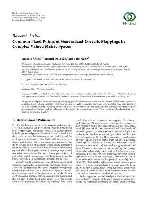 Pdf Common Fixed Points Of Generalized Cocyclic Mappings In Complex Valued Metric Spaces