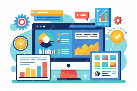 Premium Vector Colorful Desktop Computer Displaying Various Data Graphs And Charts
