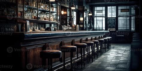 Dimly Lit Pub Interior Evokes Warmth With Its Bar Counter And Wooden