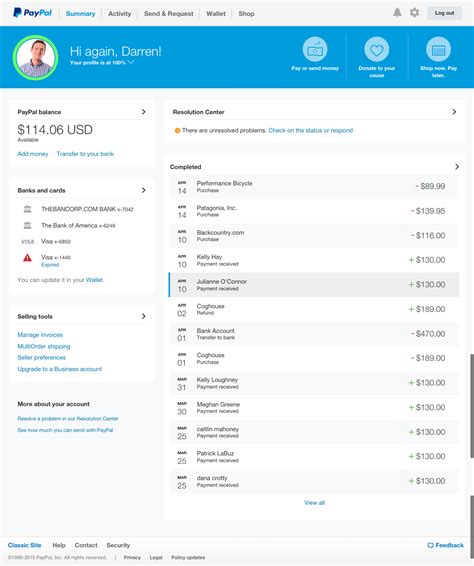 Paypal Dashboard Summary Activities Business Tools Money Transfer