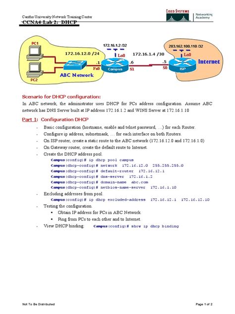 Ccna4 Lab 2 Dhcp Scenario For Dhcp Configuration Pdf Ip Address