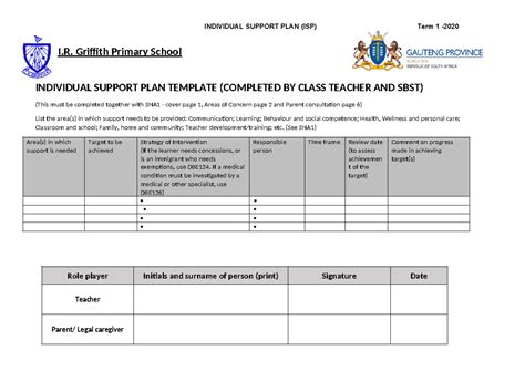 Isp Template For Individual Support Plan Term 1 Griffith Primary