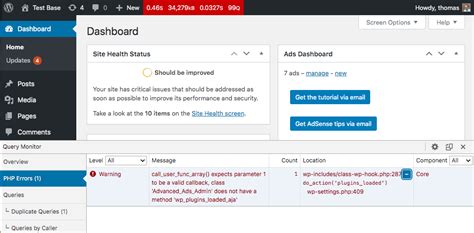 finding php errors in wordpress advanced ads