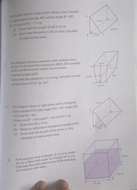 Solved The Diagram Shows A Right Prism Whose Cross Section Is A Right Angled Triangle Abc