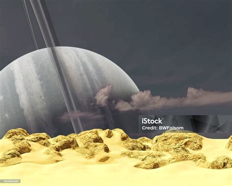 떠다니는 구름과 행성의 고리가 있는 큰 기체 행성이 있는 사막 행성의 공상 과학 배경 일러스트 3차원 형태에 대한 스톡 사진 및 기타 이미지 Istock