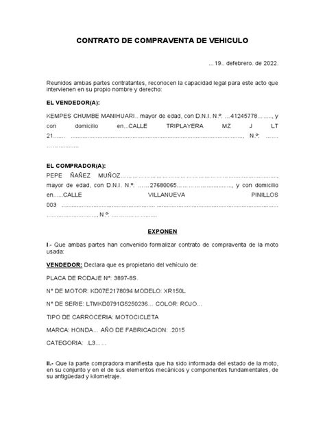 Contrato De Compraventa De Vehiculo Pdf