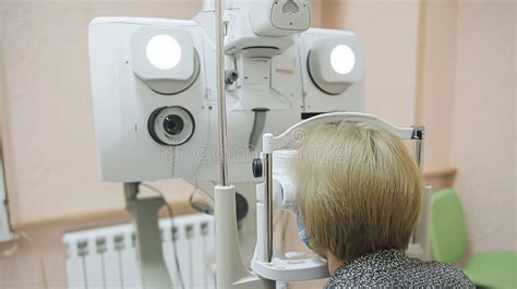 Woman Looking At Refractometer Eye Test Machine In Ophthalmology Stock