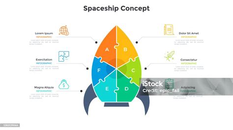 우주 로켓 또는 우주선 차트는 6 다채로운 조각으로 나뉩니다 비즈니스 프로젝트 출시의 여섯 가지 기능의 개념 간단한 인포그래픽 디자인 템플릿입니다 배너에 대한 현대적인 평면