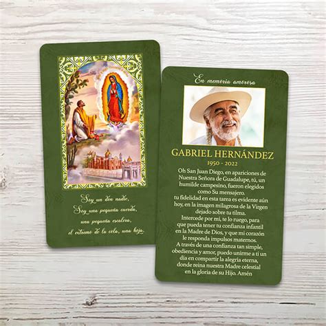 St Juan Diego Spanish Memorial Card Overnight Shipping Available