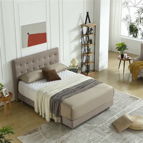 Bed Base And Headboard Beige Upholstered Bed Queen