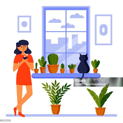 안녕하세요 고양이와 창에서 소녀입니다 모닝 커피 집의 편안함 벡터 그림입니다 개념에 대한 스톡 벡터 아트 및 기타 이미지