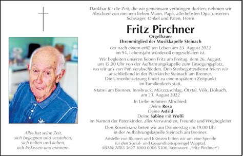 Traueranzeige Von Fritz Pirchner Vom 23 08 2022 Tiroler Tageszeitung