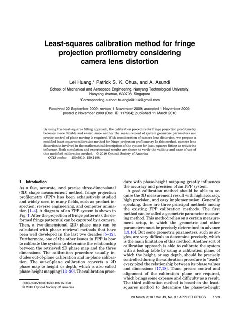 Pdf Least Squares Calibration Method For Fringe Projection Profilometry Considering Camera