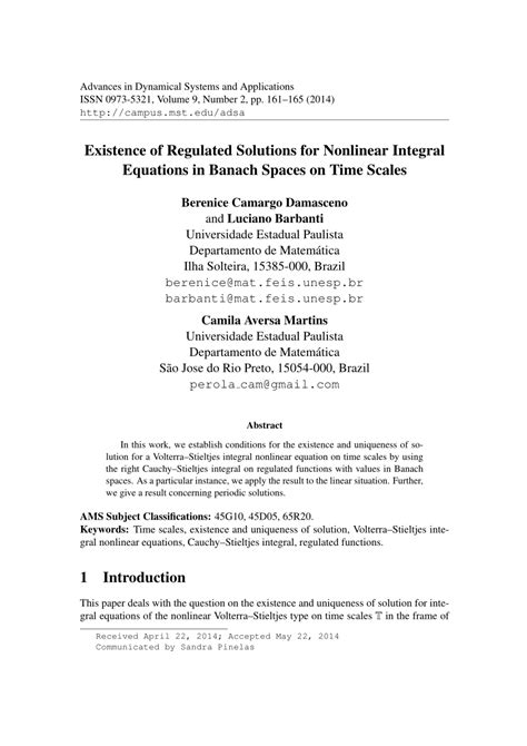 Pdf Existence Of Regulated Solutions For Nonlinear Integral Equations