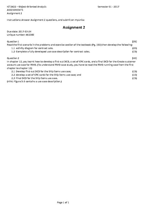 Assignment 2 S1 2017 Notes Ict2622 Object Oriented Analysis Semester 01 2017 Page 1 Of 1