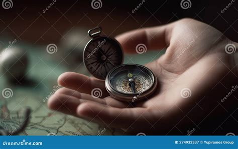 Hand Holding Compass Points The Way Westward Generated By Ai Stock