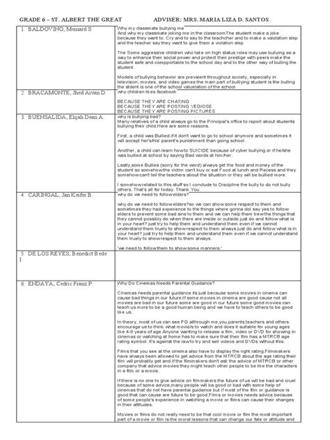 Grade 6 Theme Writing First Quarter Pdf Swimming Bullying