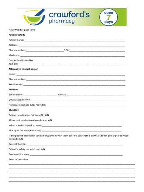 Fillable Online New Webster Pack Form Patient Details Patient Name Fax Email Print Pdffiller