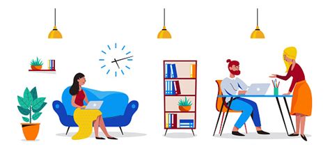 코워킹 프리랜서 팀워크 커뮤니케이션 상호 작용 아이디어 독립적 인 활동 개념 친절한 열린 공간 작업장에서 일하는 남성과 여성