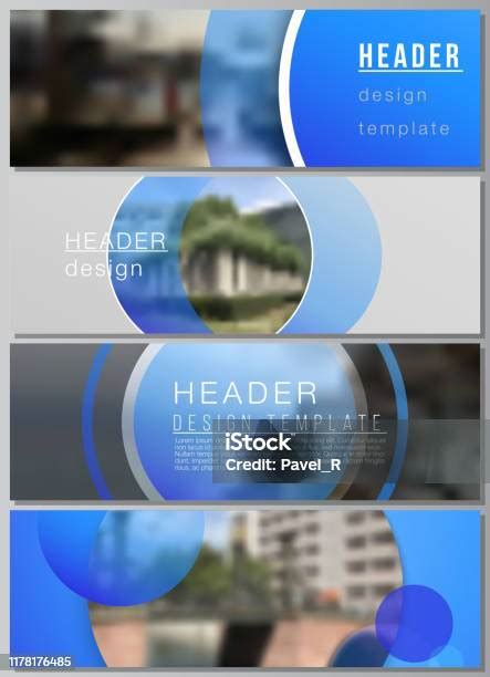 헤더 배너 디자인 템플릿의 편집 가능한 레이아웃의 최소 벡터 그림 원과 둥근 모양과 창조적 인 현대 파란색 배경 설계도에 대한 스톡 벡터 아트 및 기타 이미지 Istock