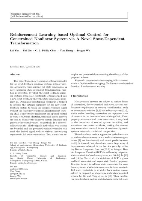Pdf Reinforcement Learning Based Optimal Control For Constrained Nonlinear System Via A Novel