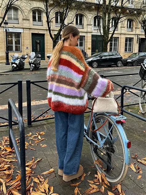 Lizakosht Colorful Stripe Contrast Knit Cardigan Women Chic Lantern