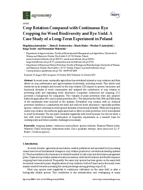 Crop Rotation Compared With Continuous Rye Cropping For Weed Biodiversity and Rye Yield | PDF ...