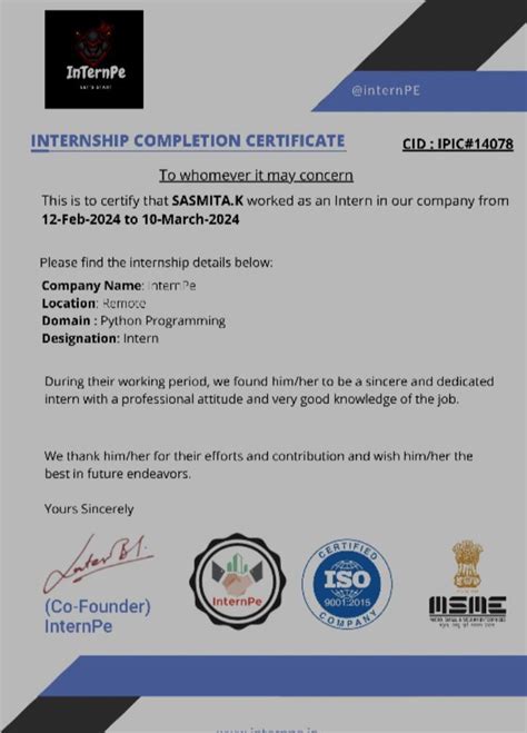 Sasmita K On Linkedin Python Internshipcompletion Professionalgrowth Internpe