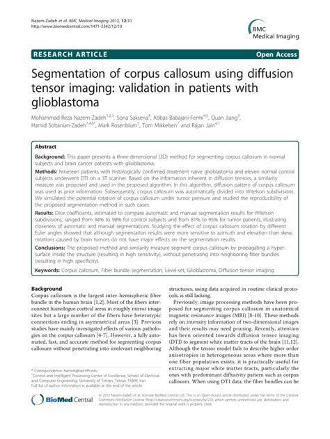 Pdf Segmentation Of Corpus Callosum Using Diffusion Tensor Imaging Validation In Patients