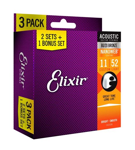 Elixir 16538 11-52 Nanoweb Acoustic Guitar Strings 3 PackE16538