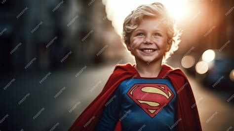 Niño Feliz Con Traje De Superman Con Cara Sonriente Y Diviértete Para