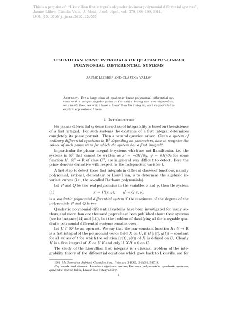 Pdf Liouvillian First Integrals Of Quadraticlinear Polynomial Differential Systems