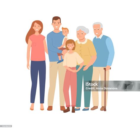 평평한 스타일의 행복한 가족 어머니 아버지 아들 딸 조부모 조부모에 대한 스톡 벡터 아트 및 기타 이미지 조부모 아기 행복 Istock