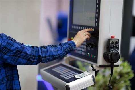 Cnc Operator Programming Lathe Machine Stock Image Image Of Finger Controller 104709733