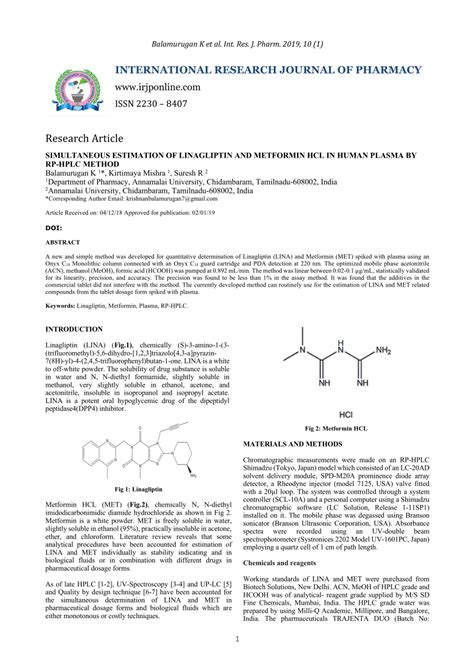 Pdf Simultaneous Estimation Of Linagliptin And Metformin Hcl In Human Plasma By Rp Hplc Method