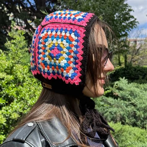 Hand Knitted Granny Square Bonnet Colorful Crochet Cotton Balaclava Etsy