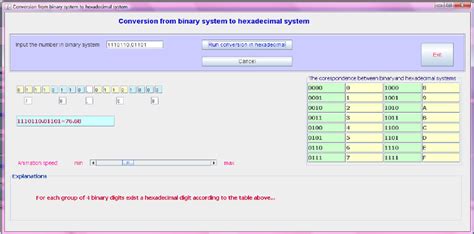 the graphical user interface for conversion from binary to hexadecimal