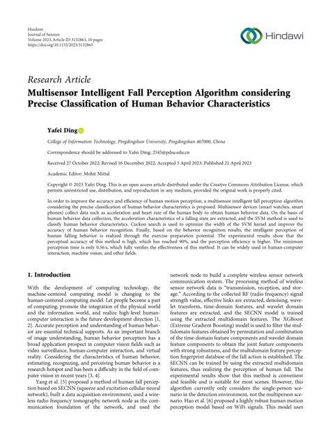 Pdf Multisensor Intelligent Fall Perception Algorithm Considering Precise Classification Of
