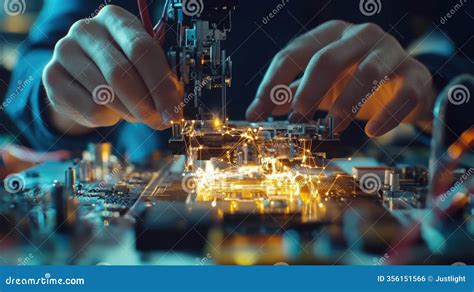 Electronic Engineer Assembling Modern Microchip Using Precision Robotic