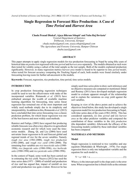 Pdf Single Regression To Forecast Rice Production A Case Of Time Period And Harvest Area