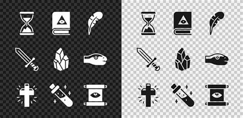 모래 고대 마법 책 깃털 펜 기독교 십자가 병 물약 두루마리 중세 검 및 마법의 돌 아이콘과 오래 된 모래 시계를 설정합니다 벡터 0명에 대한 스톡 벡터 아트 및 기타