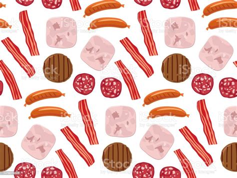 고기 제품 완벽 한 패턴입니다 햄과 소시지 커틀릿 베이컨 조각 벡터 평면 음식 그림입니다 벽지 섬유 포장 스크랩북에 대한 반복되는 배경 카페 또는 레스토랑 메뉴 살라미에